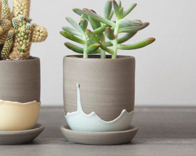 Cactus Planter With Teal Drips , Handmade Plant Pot , Ceramic Cactus ...
