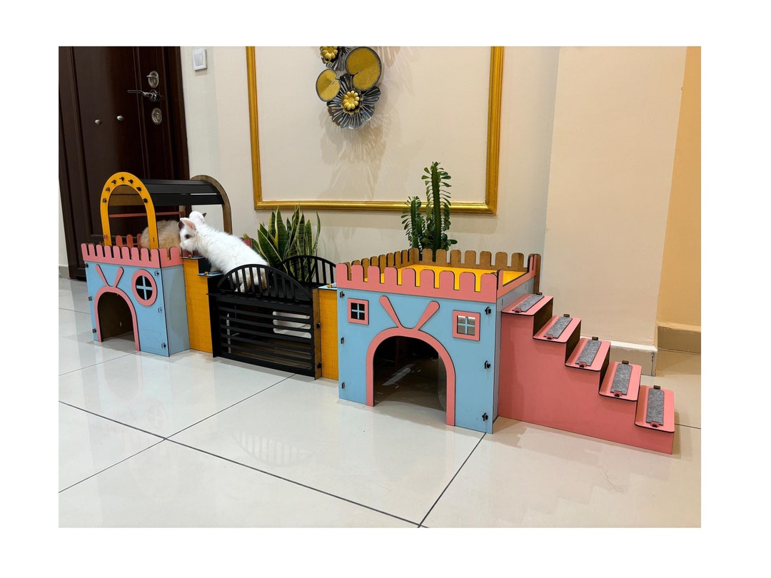 Pink-blue Wooden Rabbit Castle With Leather Personalization ...