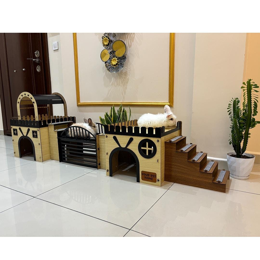 Wooden Rabbit Castle With Leather Customization, Handcrafted Bunny ...