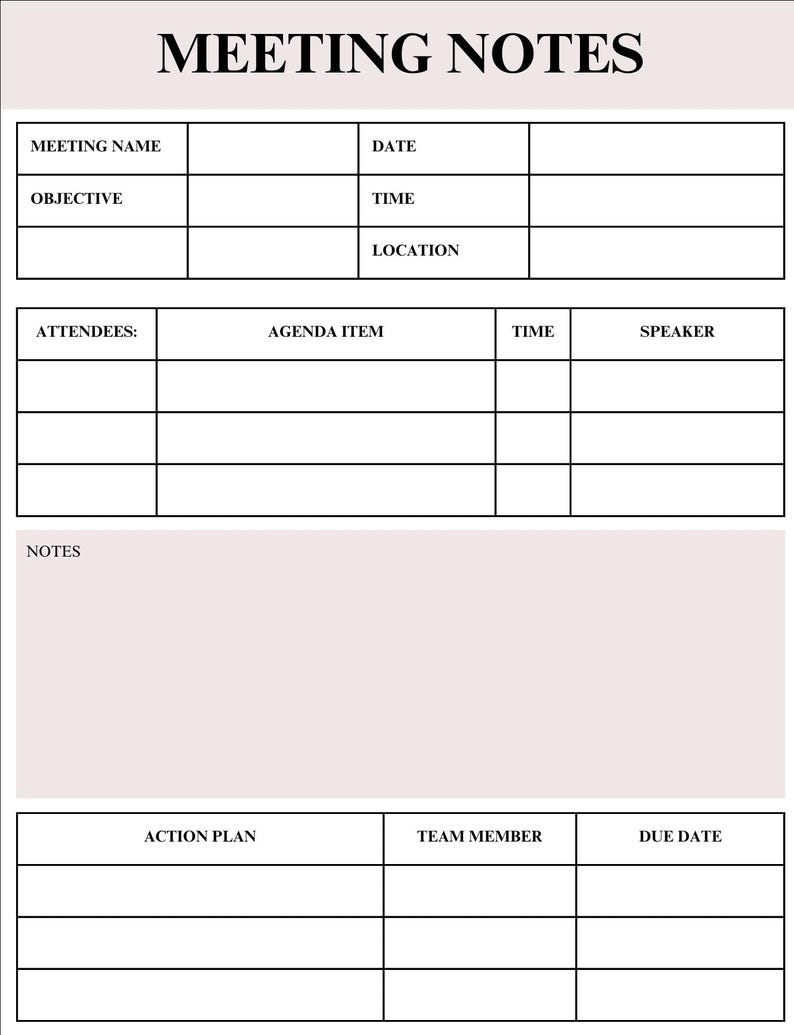Meeting Notes Customizable Printable Template - Etsy