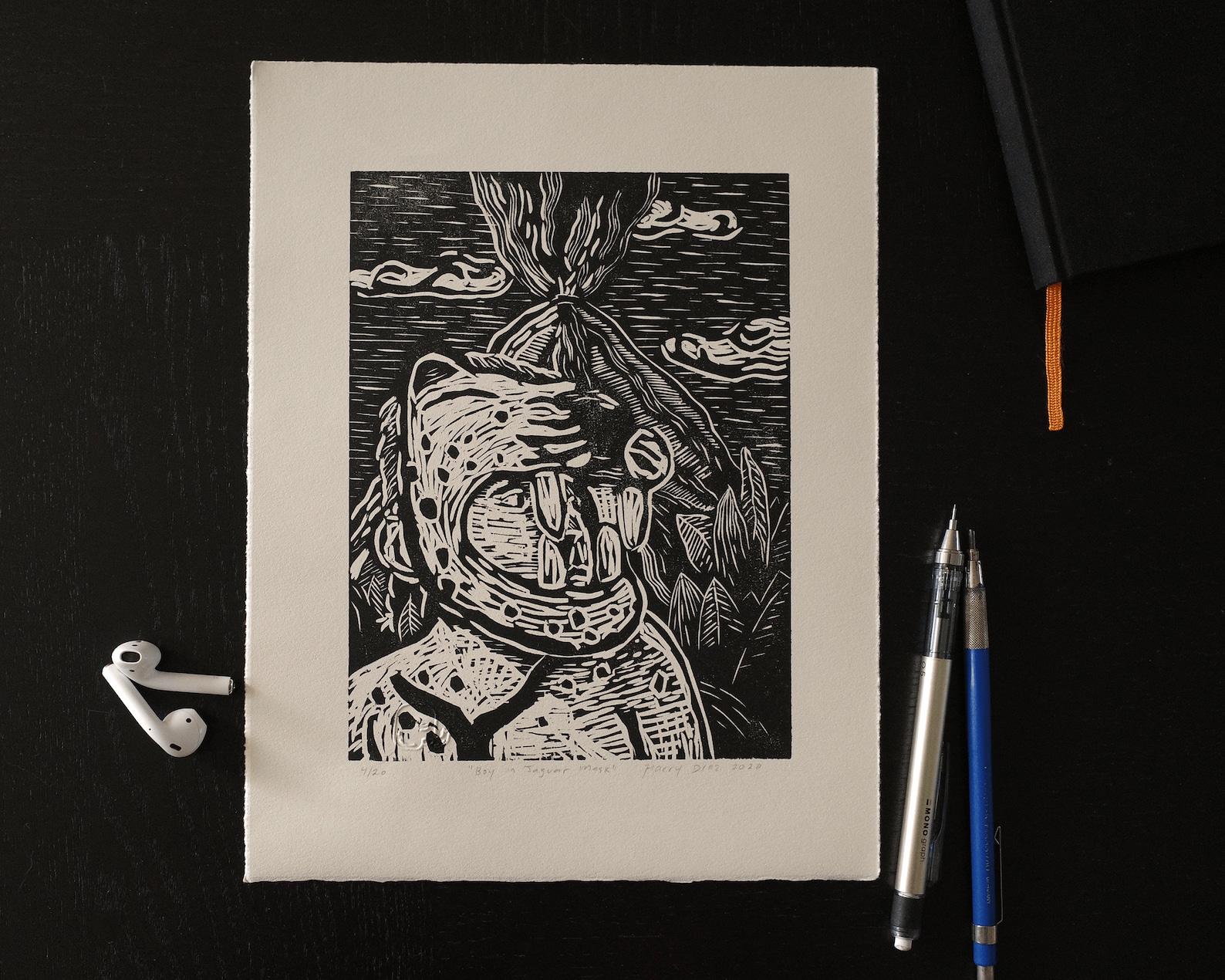 Boy in Jaguar Mask - Woodcut Print - Etsy