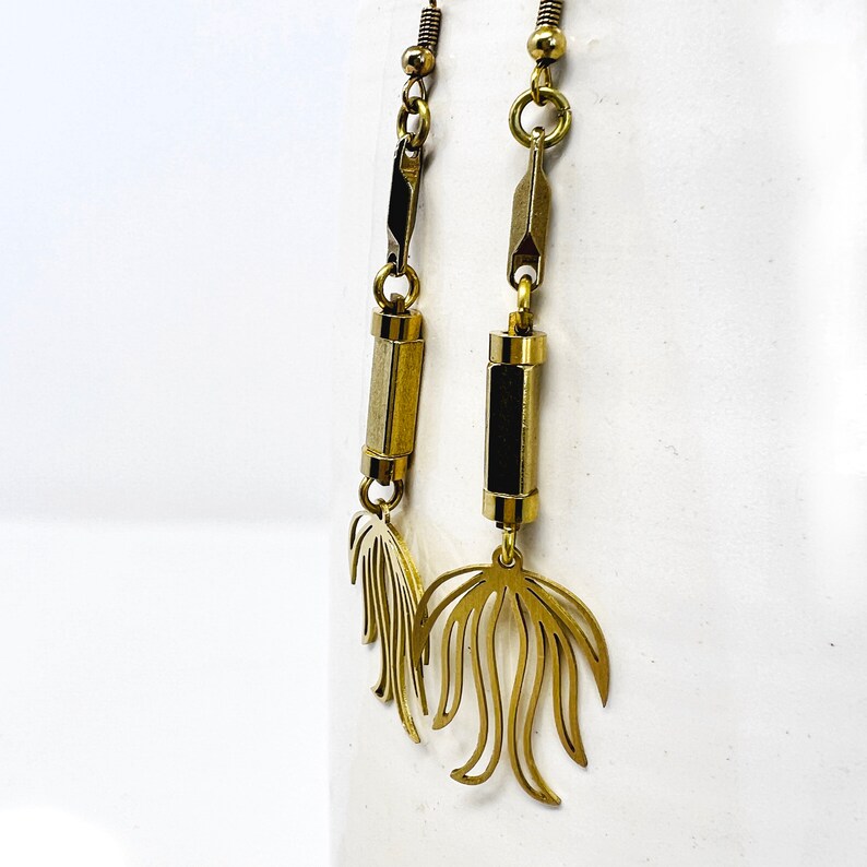 Golden Brass Industrial Lotus Flower Long Dangle Earring - Etsy