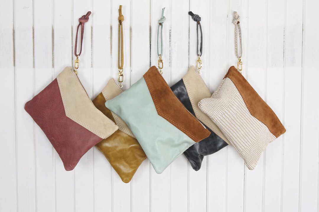 Large Leather Wristlet Handbag for Women - Two Tone Colors With Suede ...