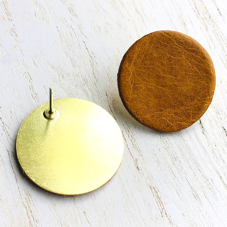 Large Circle Post Earring Leather and Brushed Brass Modern - Etsy