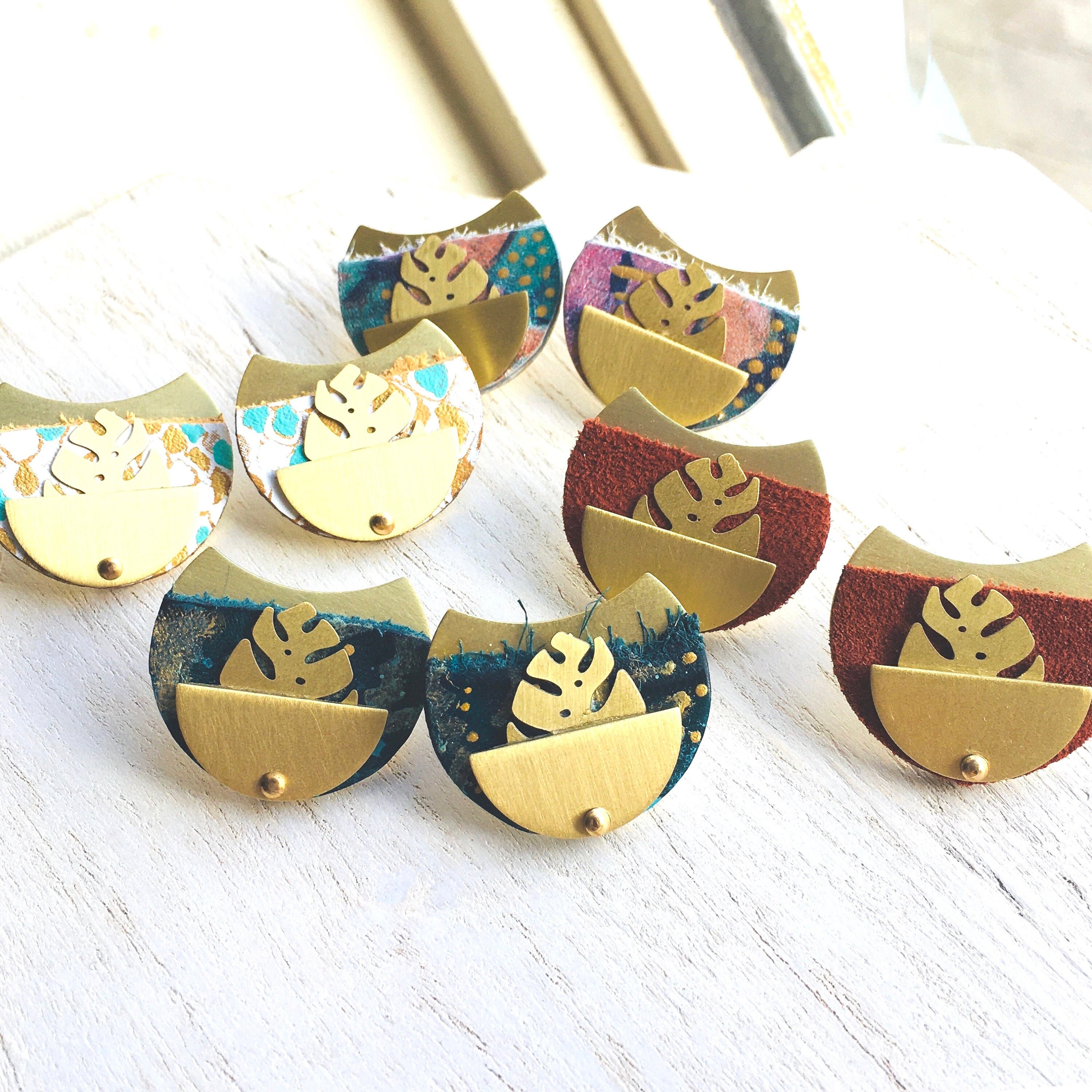 Large Post Earring With Brushed Brass Hand Painted Leather and Monstera ...