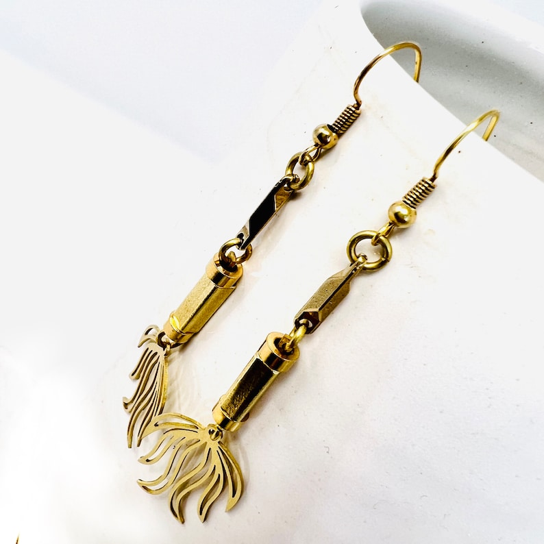 Golden Brass Industrial Lotus Flower Long Dangle Earring - Etsy