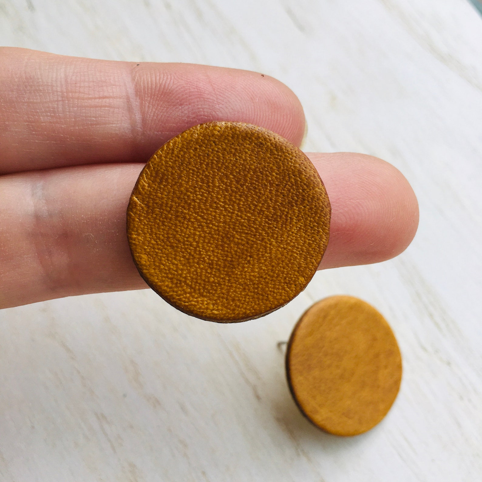 Large Circle Post Earring Leather and Brushed Brass Modern - Etsy