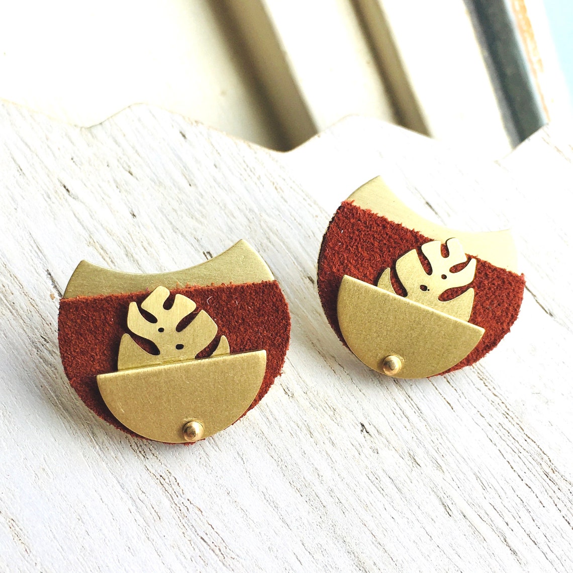Large Post Earring With Brushed Brass Hand Painted Leather and Monstera ...