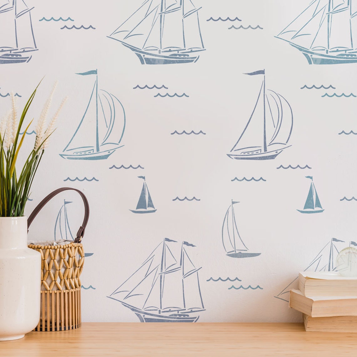 Sailboats Wall Stencil - DIY Wall Pattern for Nautical Themed Nursery ...