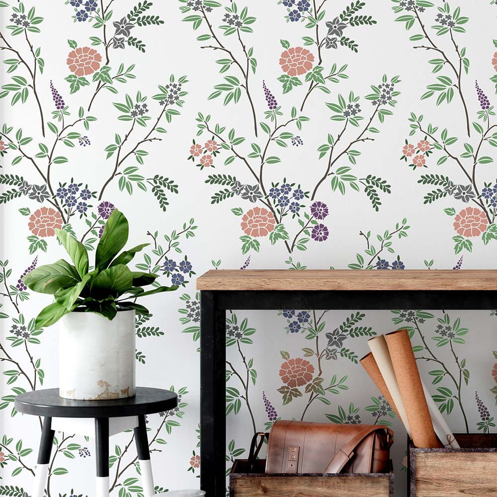 Floral Trail Wall Stencil - Modern Farmhouse Wall Stencil - Large ...