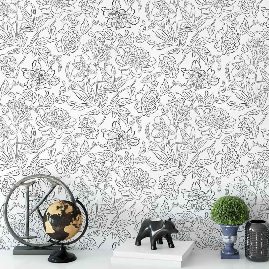 Line Art Flowers Wall Stencil - Detailed Botanical Wall Stencil for DIY ...