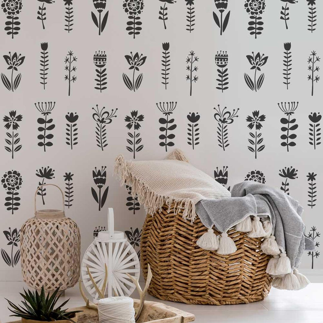 Folk Flowers Wall Stencil - Whimsical Floral Wall Pattern - Perfect ...