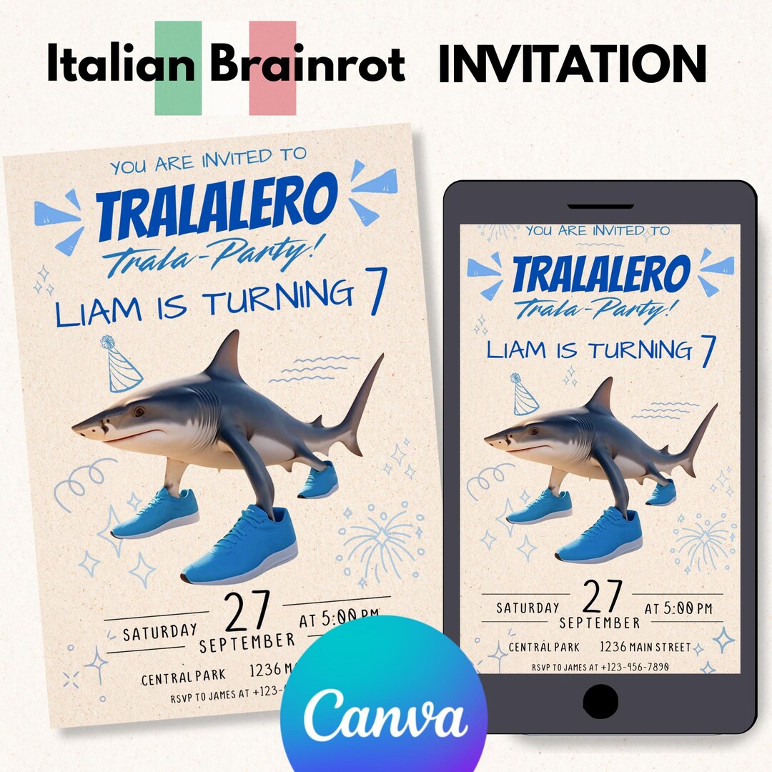 Italienische Brainrot Tralalero Tralala Einladungsvorlage, lustiges ...