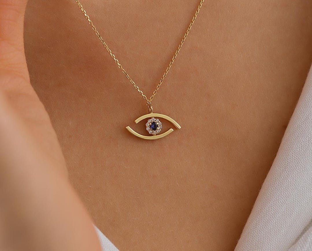 14K Gold Eye Necklace, Tiny Sapphire Eye Pendant, 14K Solid Gold ...