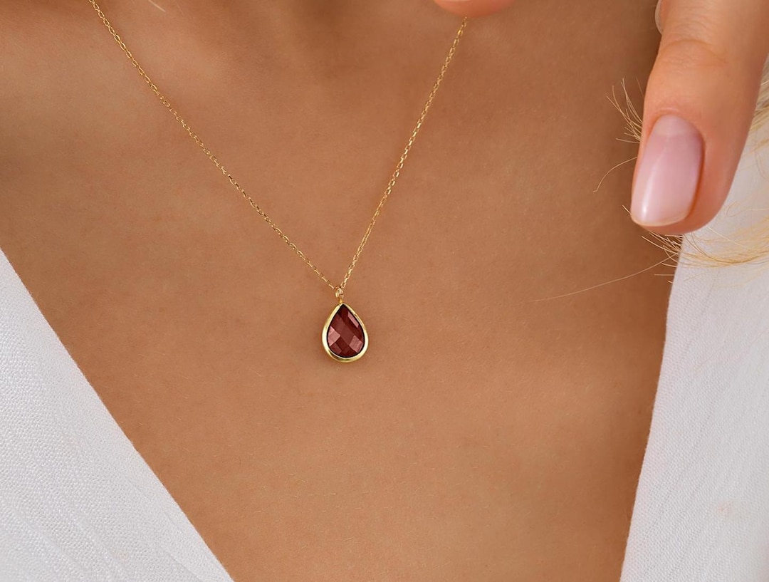 14K Solid Gold Ruby Teardrop Pendant Necklace, Dainty Minimalist ...