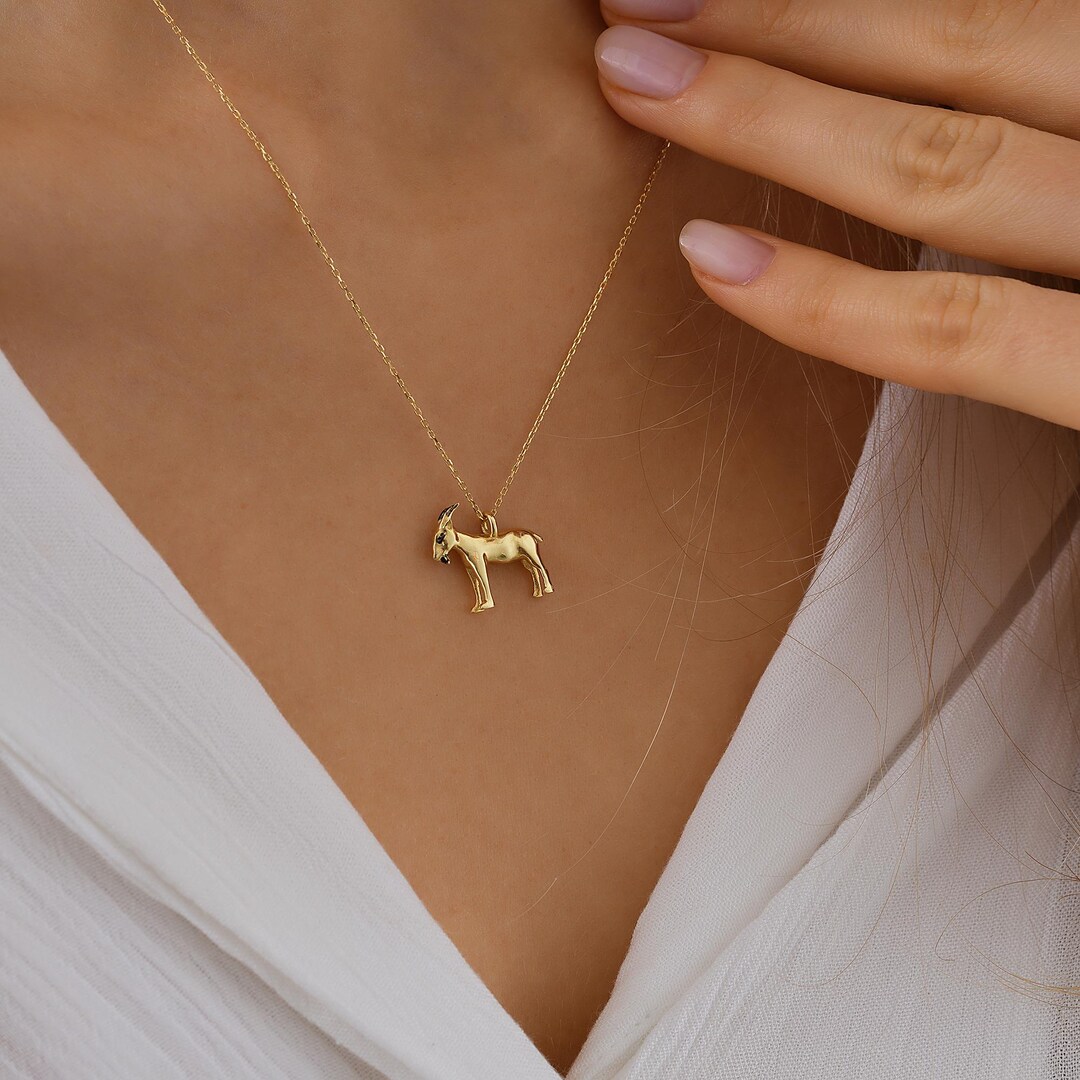 14K Gold Goat Necklace, Dainty Initial Goat Pendant, 14K Solid Gold ...
