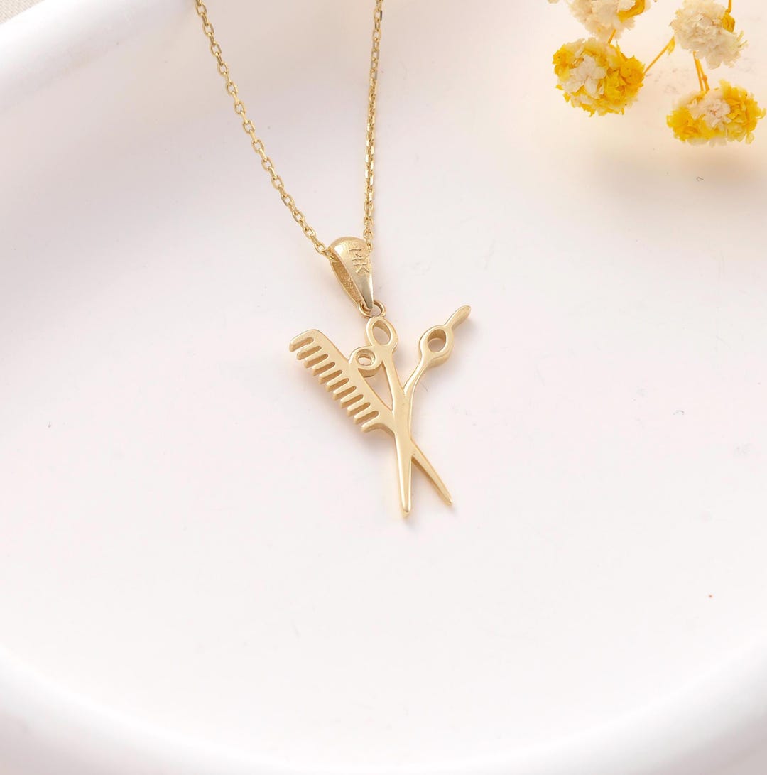 14K Solid Gold Hairdresser Necklace, 10K Dainty Initial Barber Charm ...