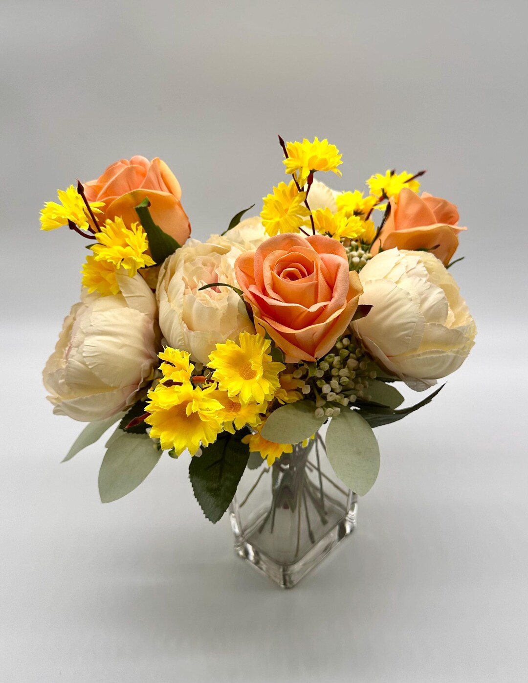Peach and Cream Roses Real Touch Flower Arrangement or Bouquet DIY ...