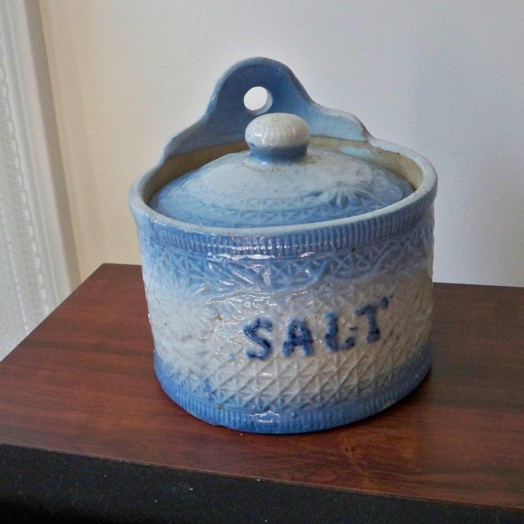 Vintage Rare Large Inn Kitchen Salt Box Storage With Cover Blue and ...