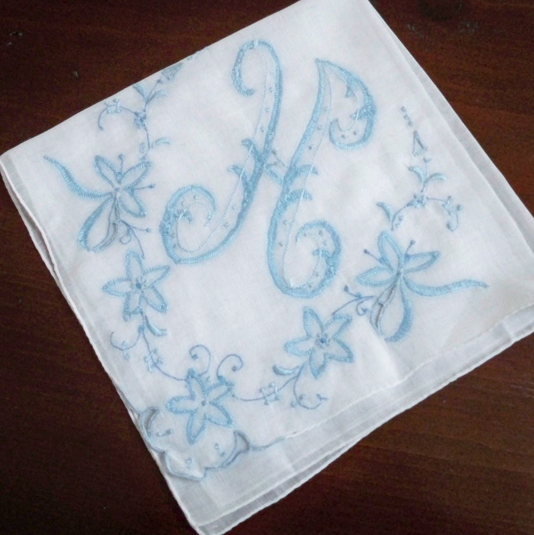 Vintage Accessory Handkerchief White / Blue Letter h Handkerchief ...