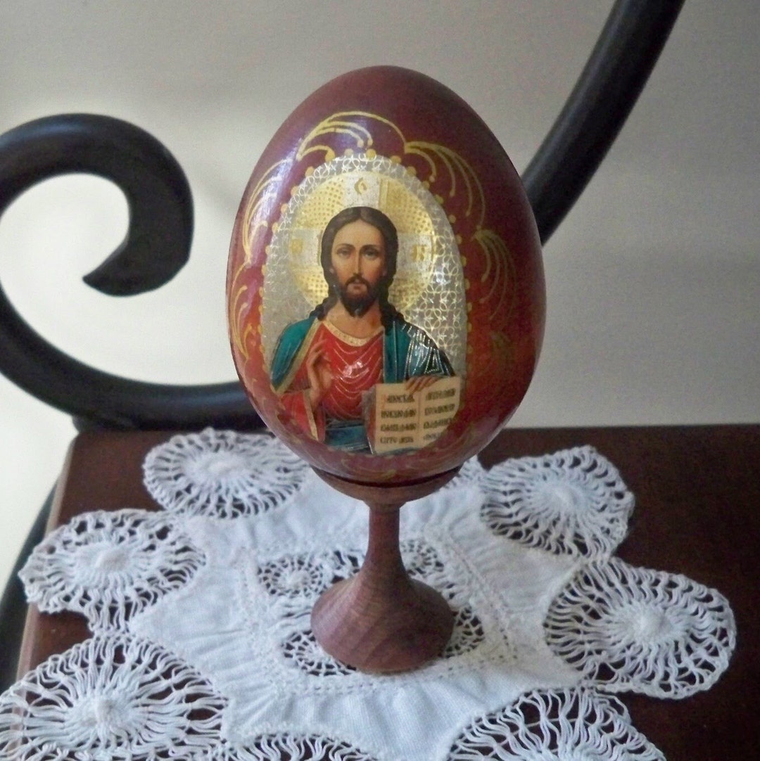Vintage Religious Easter Jesus Icon on Wood Egg and Stand Shrine Prayer ...