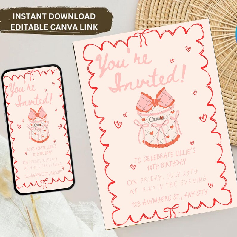 Editable Birthday Party Invitation, Hand Drawn Scribble Cocktail ...