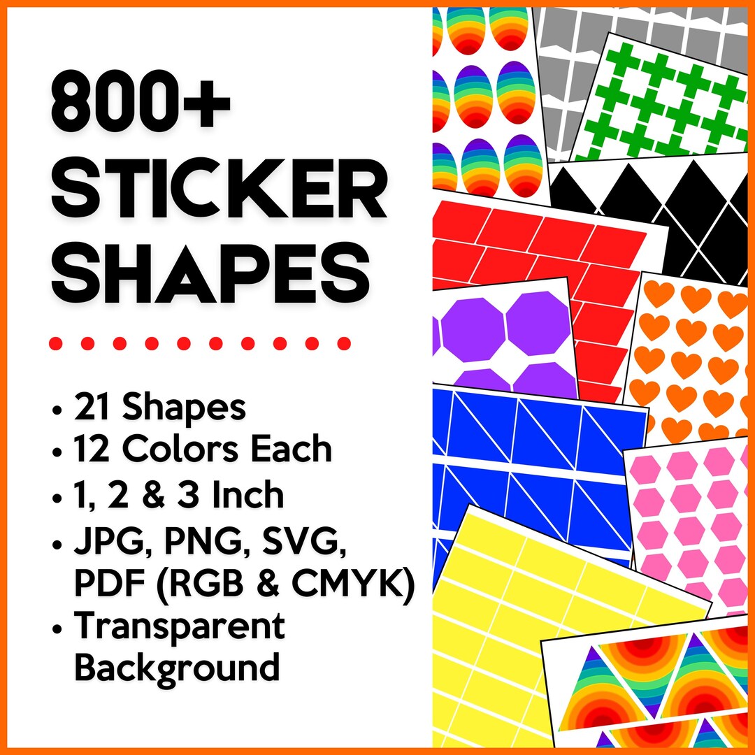 800+ STICKER SHAPES in 3 Sets of 1, 2, 3-inches, 12 Colors Each, in Png ...