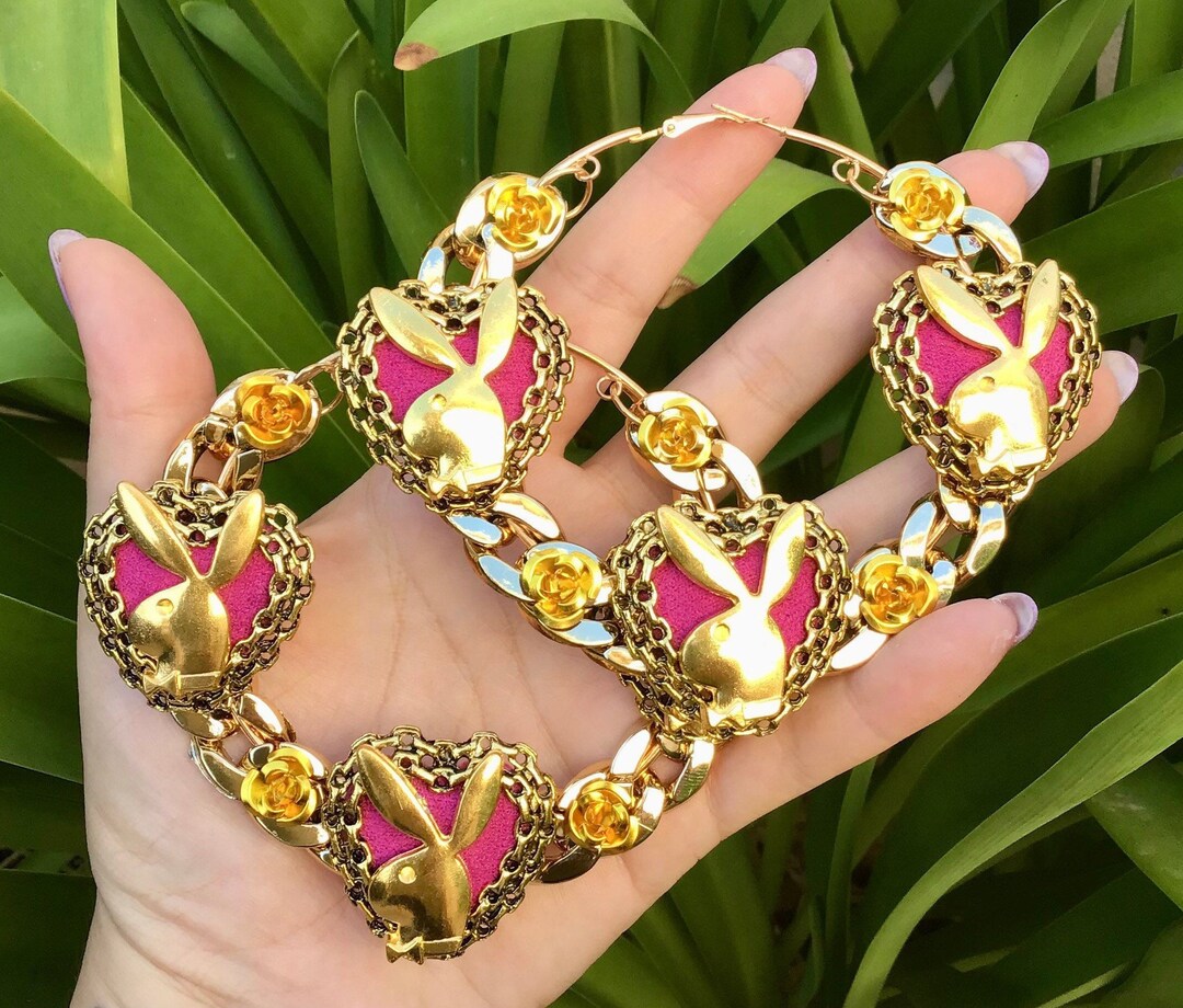 LARGE 90s Style Bunny Heart Chain Acrylic Cuban Link Hoop Earrings ...