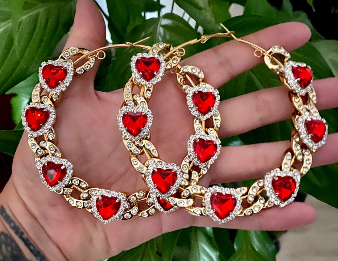 LARGE 90s Style Heart Valentines Rhinestone Inlay Acrylic Cuban Link ...