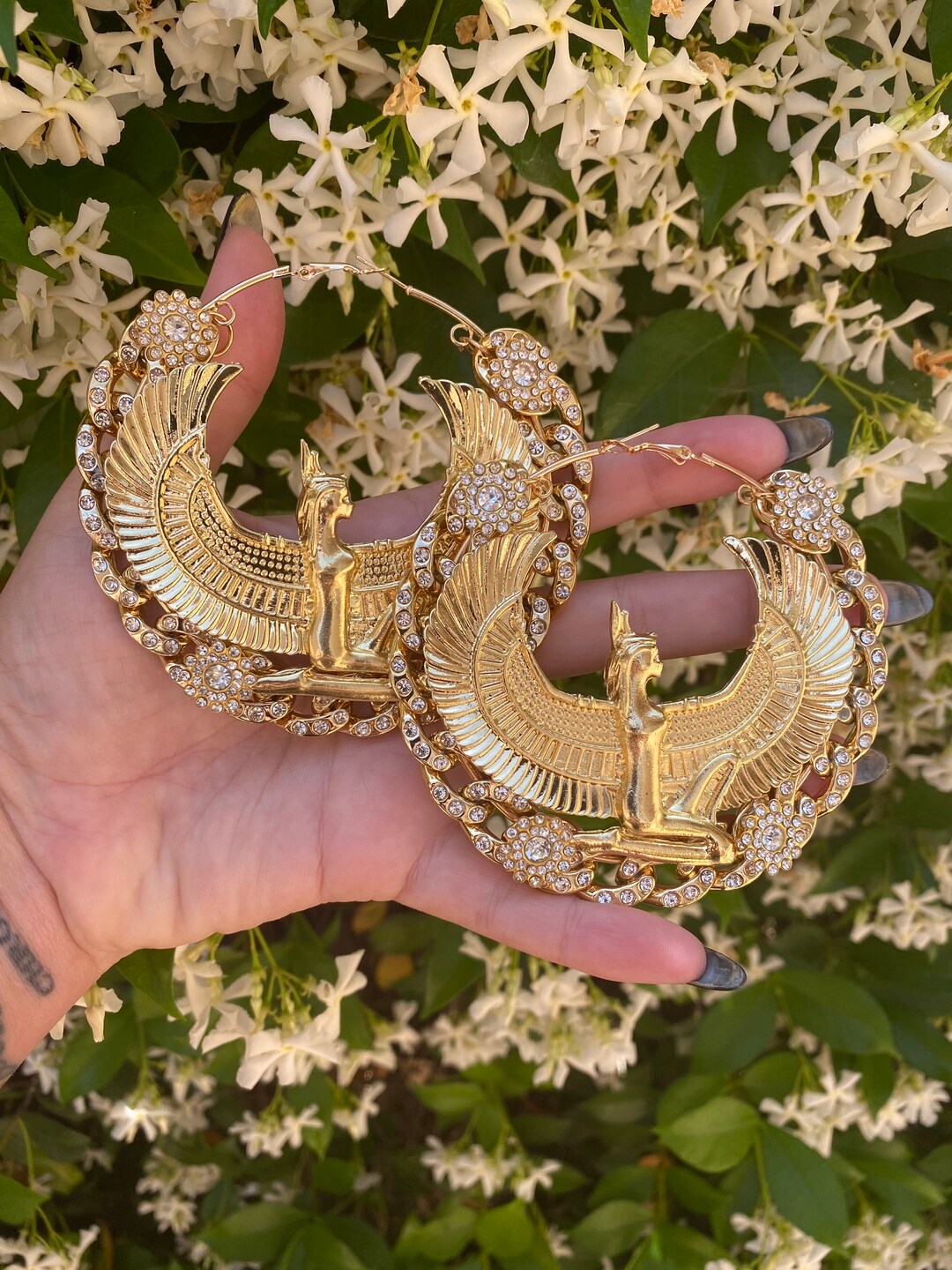 LARGE 90s Style Egyptian Goddess Isis Rhinestone Inlay Acrylic Cuban ...