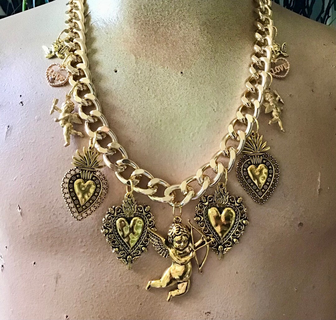 Renaissance Cherub Valentines Sacred Heart Milagro Love Charm Necklace ...
