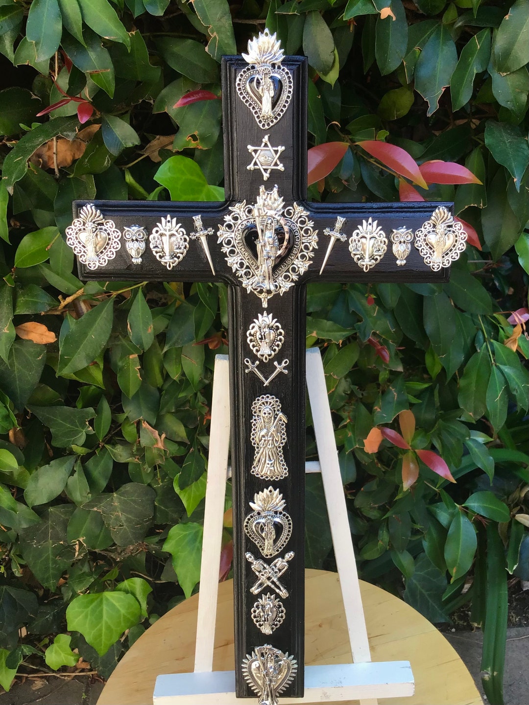 OOAK Santa Muerte La Flaca Grim Reaper Heart Milagro Mexican Wall Cross ...