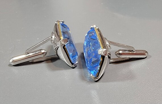 blue glass cufflinks swank silver tone large bold shi… - Gem