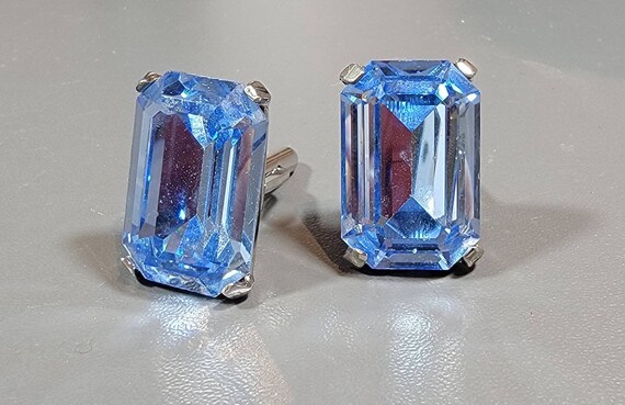 blue glass cufflinks swank silver tone large bold shi… - Gem