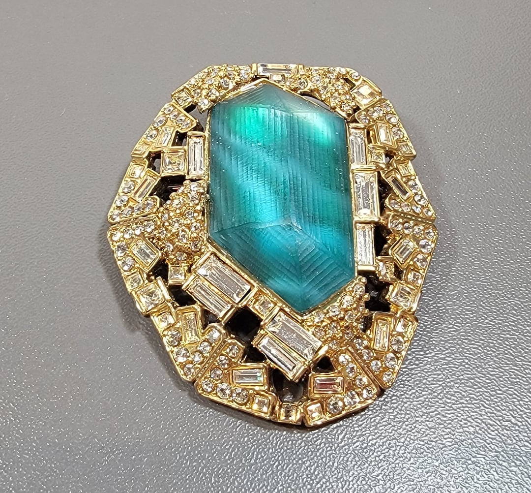 Alexis Bittar Brooch Large Crystal Pin Deco Style Blue Lucite Stone - Etsy