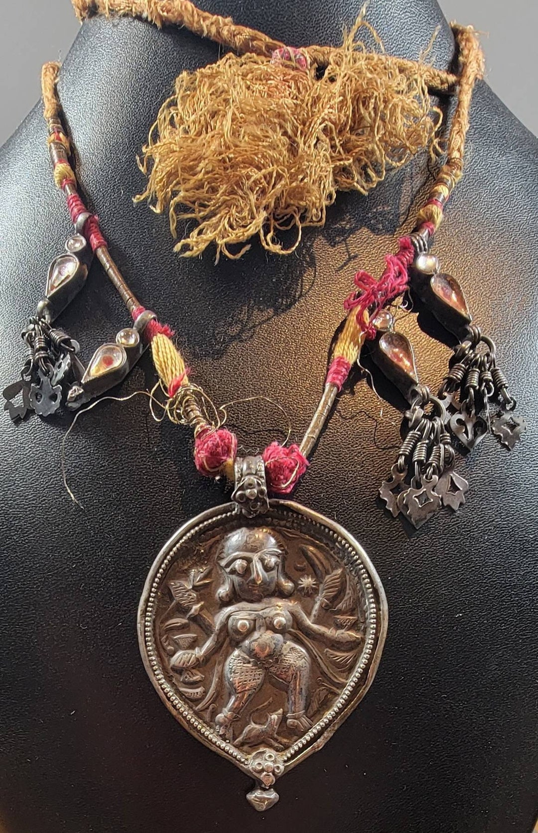 Durga Goddess Rajasthan Silver Amulet Durga Pendant Long Cord Dangle ...