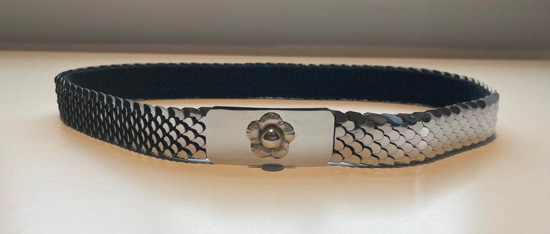 Metal Mesh Belt Silver Tone Stretch Floral Belt Buckle Whiting and ...