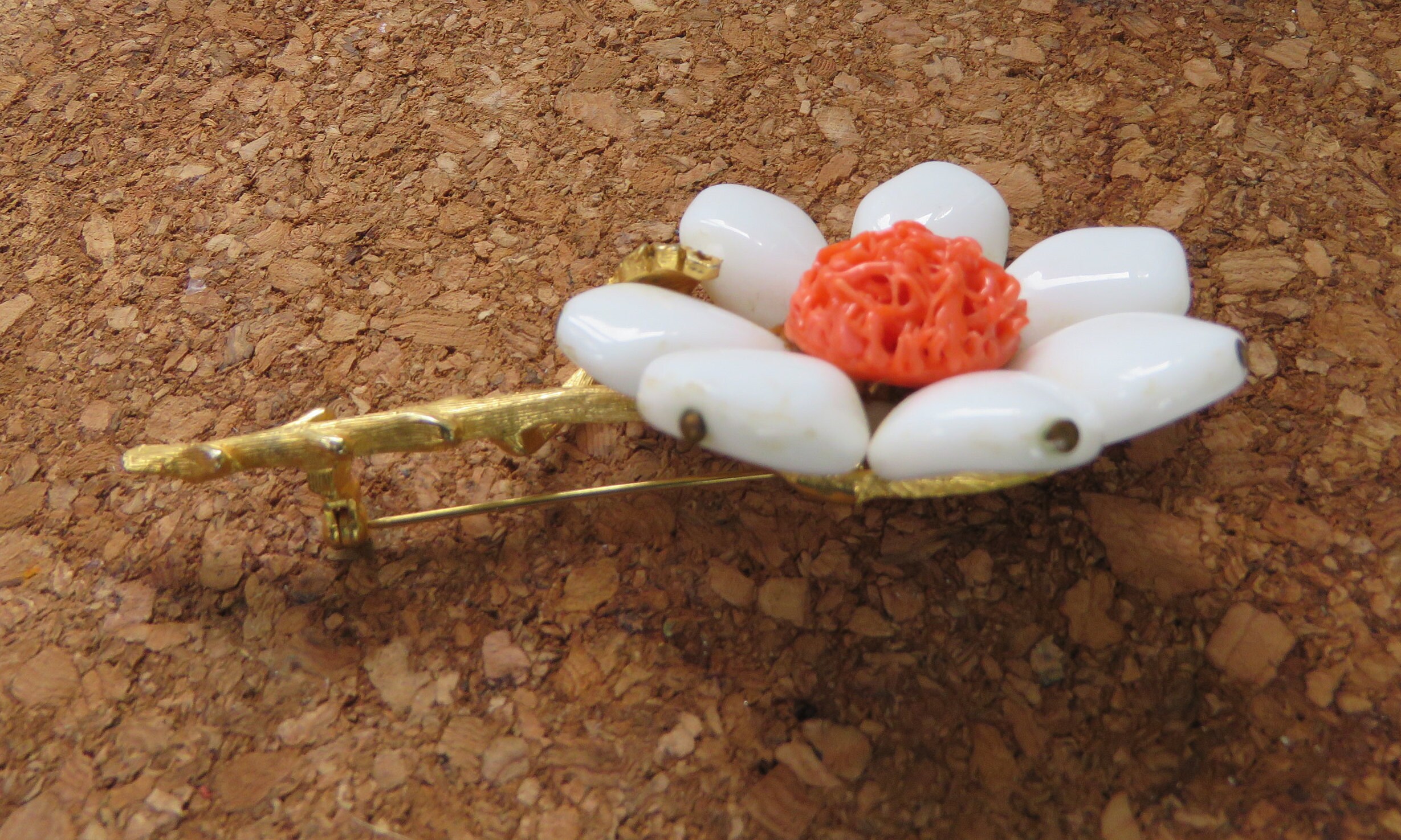 Glass Flower Brooch Coral Spaghetti Stone White Glass Petals - Etsy
