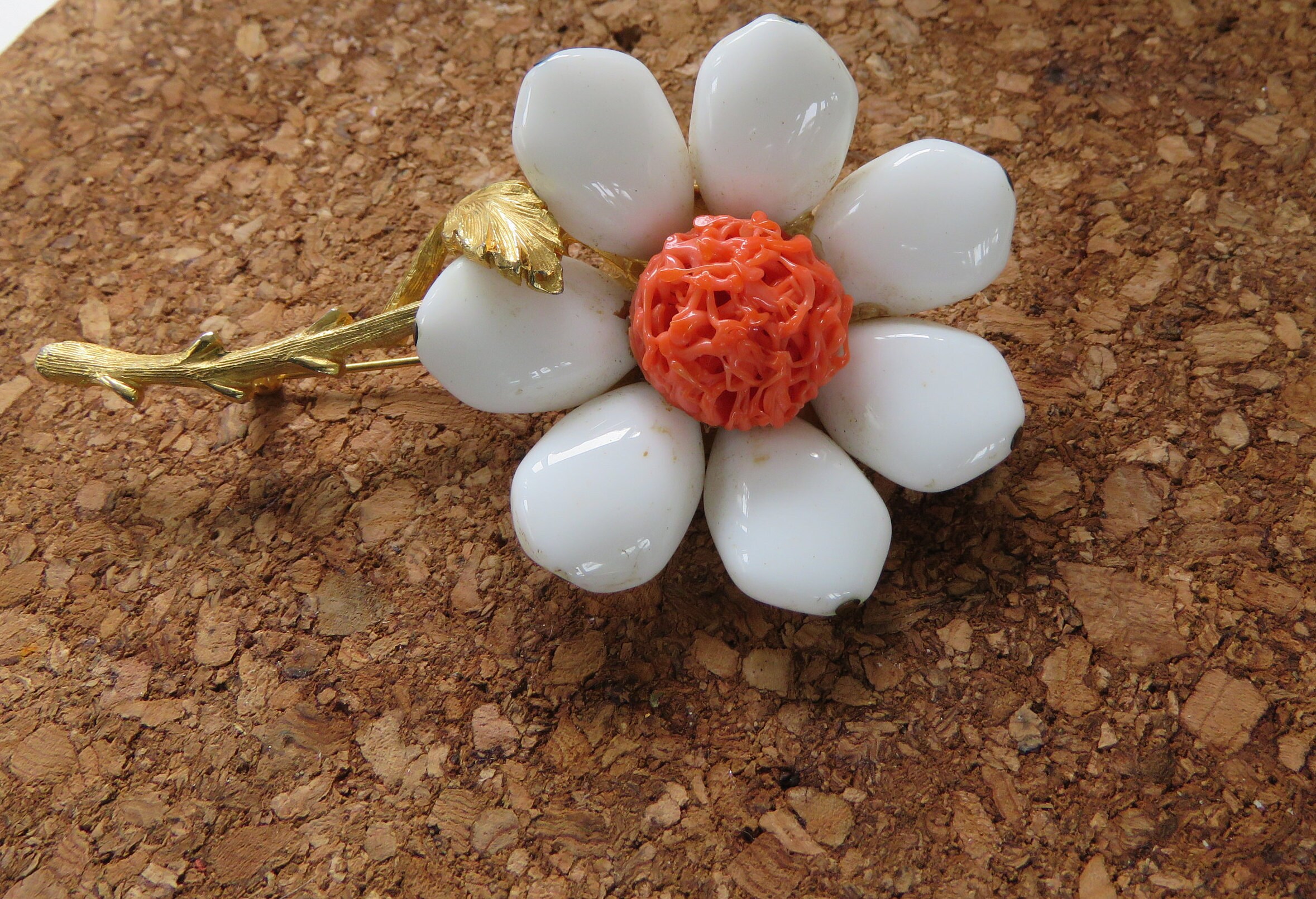 Glass Flower Brooch Coral Spaghetti Stone White Glass Petals - Etsy
