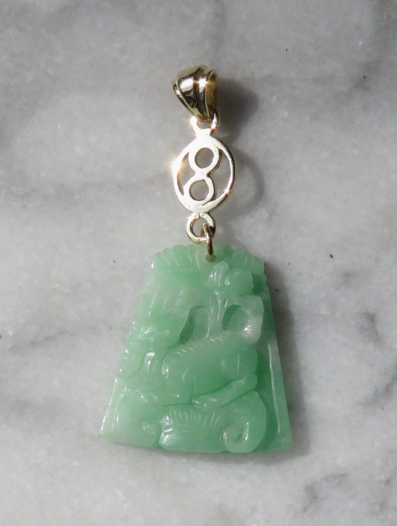 Jade pendant carved deer and inscription 14 karat yellow gold | Etsy