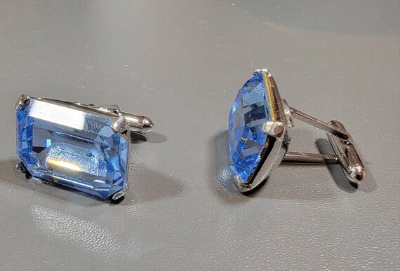 blue glass cufflinks swank silver tone large bold shi… - Gem