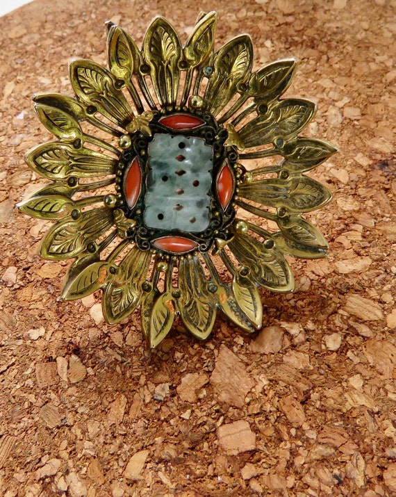 Jade & Coral flower pin antique chinese jade brooch - Gem