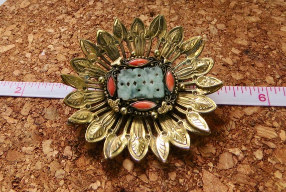 Jade & Coral flower pin antique chinese jade brooch - Gem