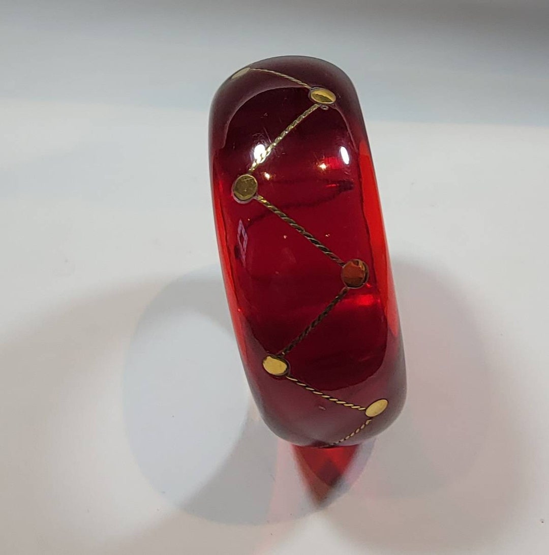 Red Bangle Bracelet Brass Inlay Plastic Transparent Vintage Nineties - Etsy