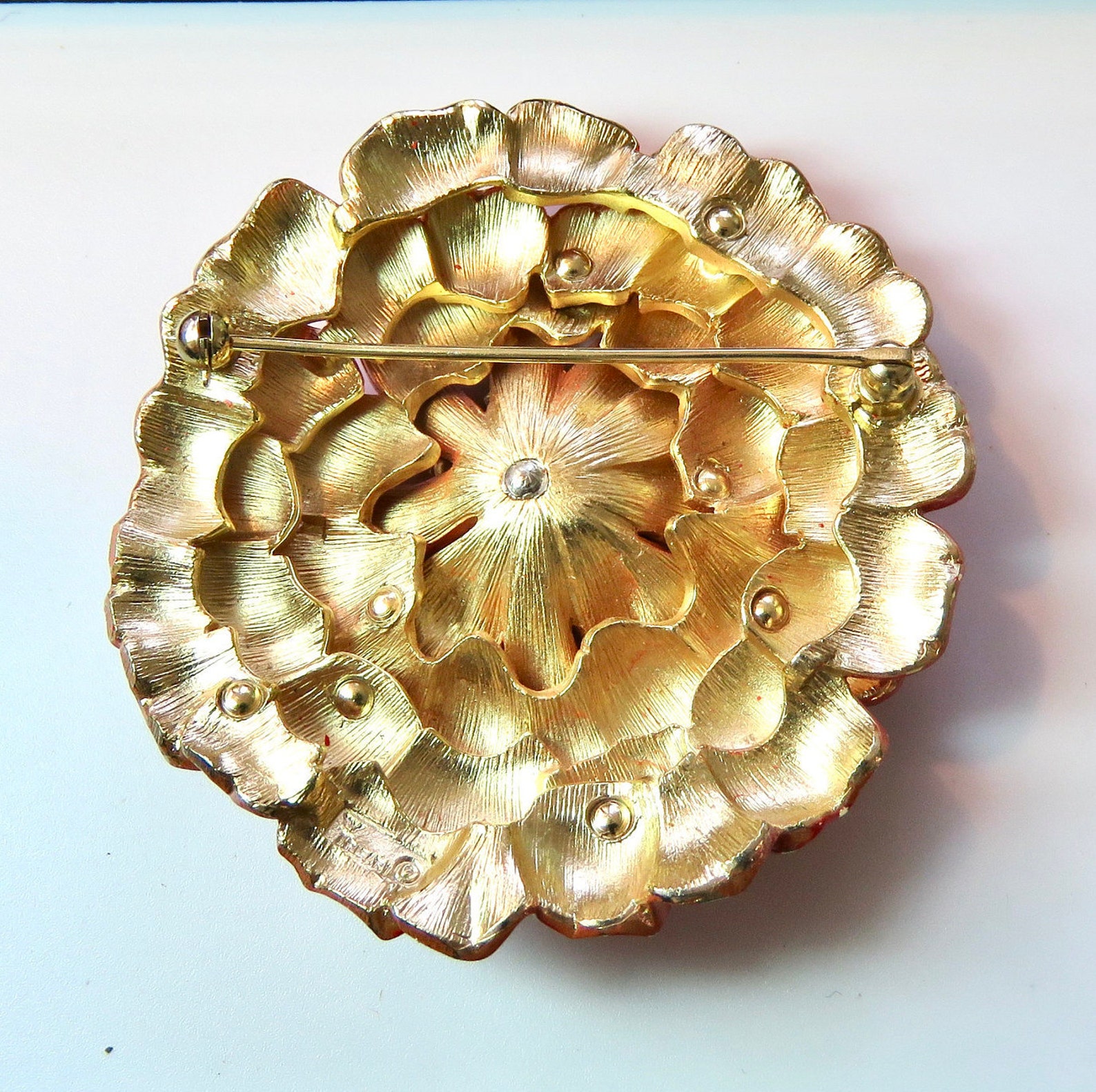 Trifari Flower brooch ombre Coral to red enamel Chrysanthemum | Etsy