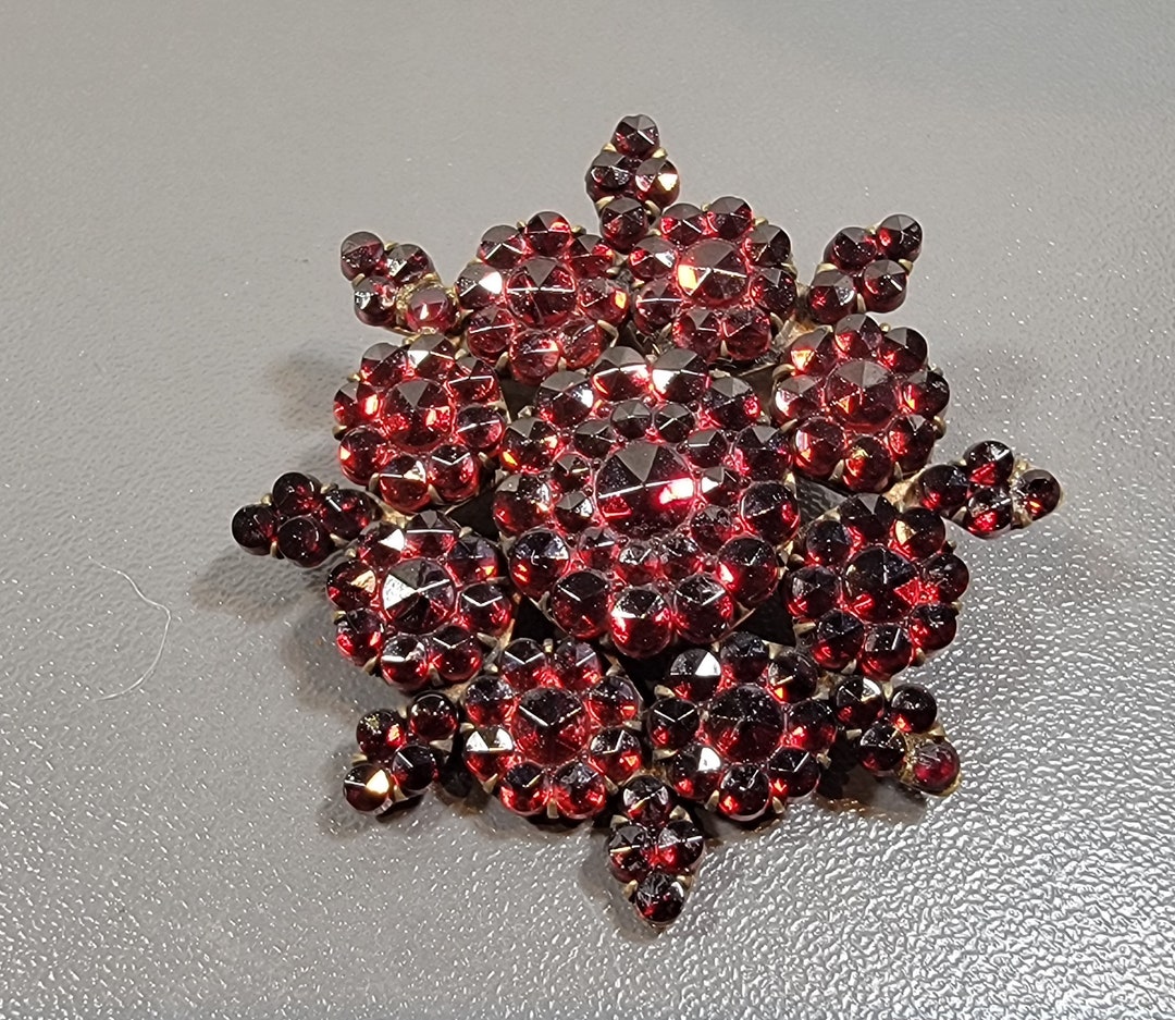 Antique Brooch Faux Garnets Large Floral Design - Etsy