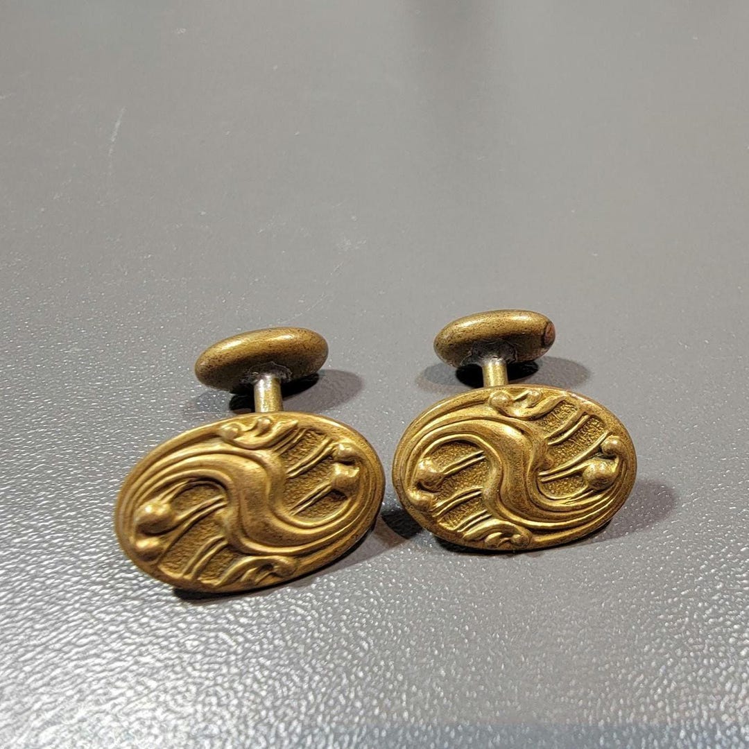Antique Cufflinks Gold Plated Brass Fancy Repousse Design Oval Shaped ...