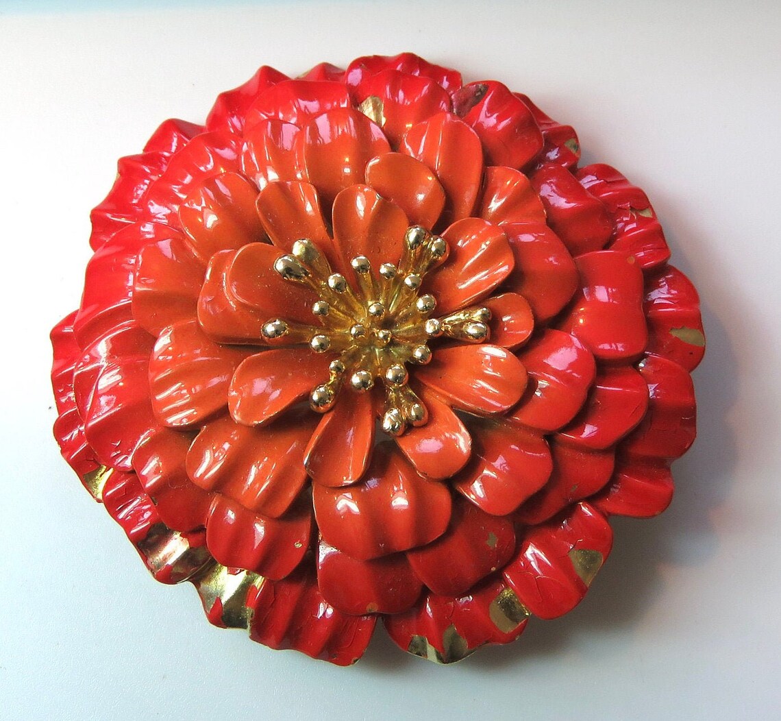 Trifari Flower Brooch Ombre Coral to Red Enamel Chrysanthemum | Etsy