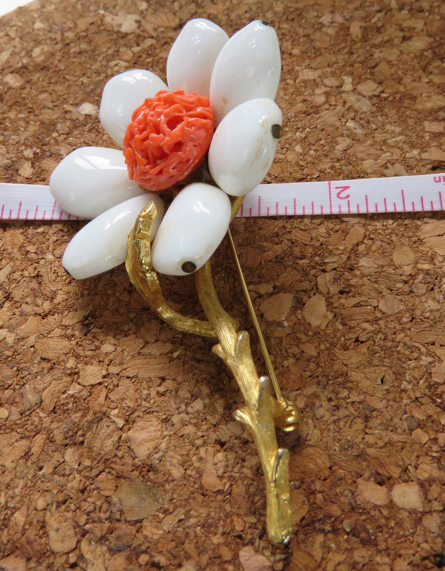 Glass Flower Brooch Coral Spaghetti Stone White Glass Petals - Etsy