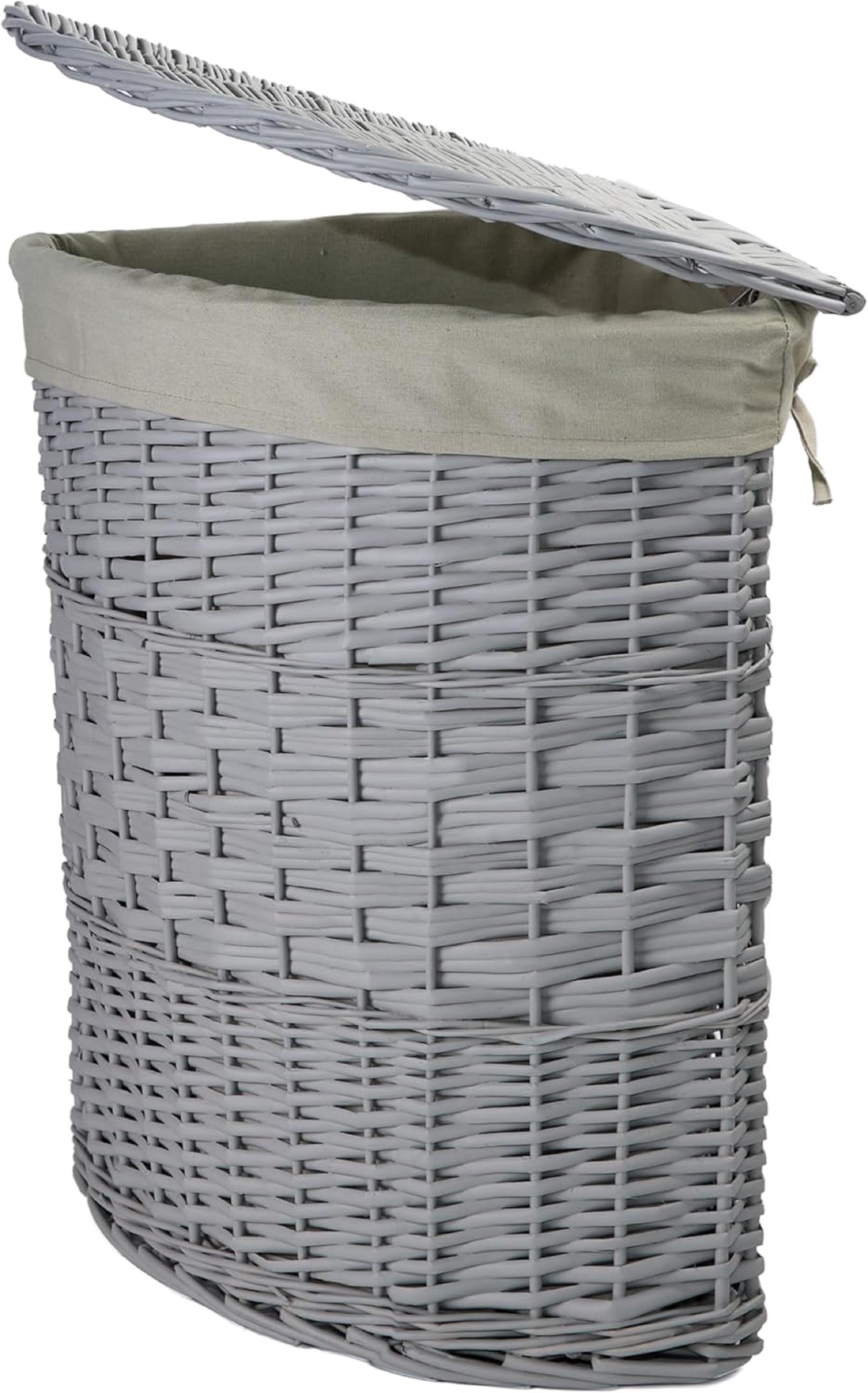 Premium Lidded Grey Wicker Corner Linen Laundry Basket With Cotton ...